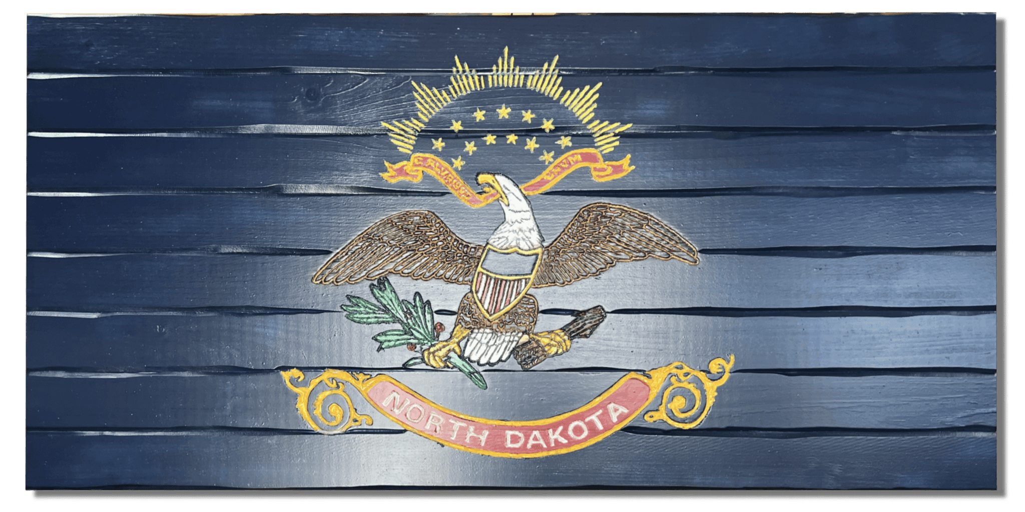 North Dakota Handcarved Wooden State Flag